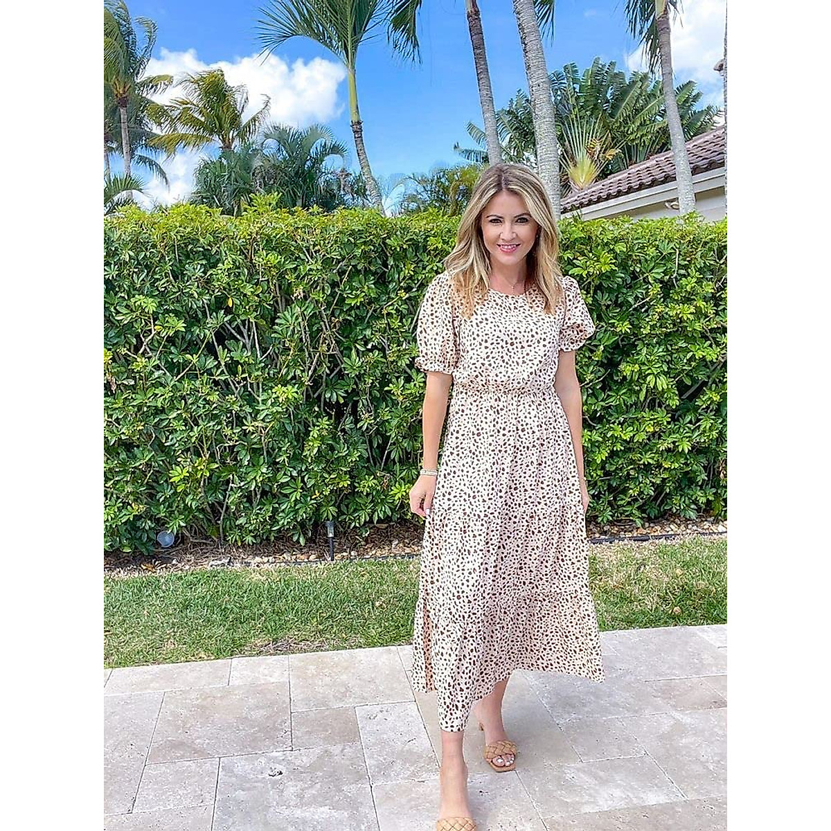 GRECERELLE Women Dress, Summer Casual Loose Crew Neck Boho, Leopard Dot Ruffle Puff Sleeve, High Waist Midi Beach Dress