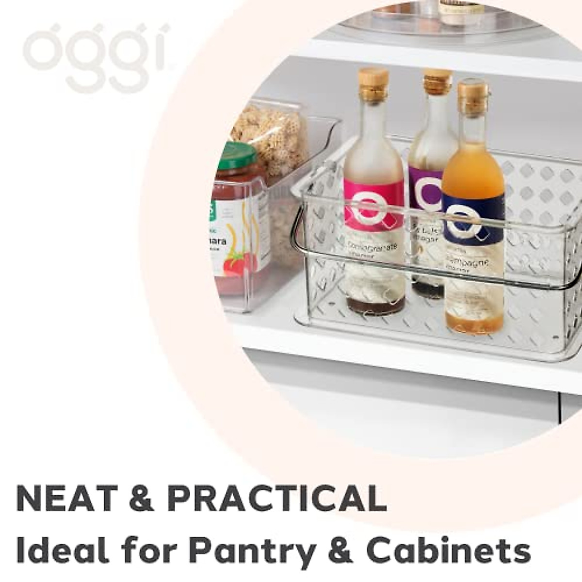 Oggi Clear Stacking Storage Basket with Handle, Large-14"x9"x5"