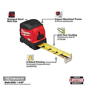 Milwaukee measure tape Milwaukee 48-22-0416 Tape Measure, 16 ft L Blade, 1/2 in W Blade, Steel Blade, ABS Case, Black/Red Case