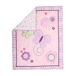 Brandream Crib Bedding Sets for Girls with Purple Butterfly | Baby Comforter, Fitted Sheet, Dust Ruffle and Diaper Stacker, Ambroidered Floral Animal Pink, 4 Pieces