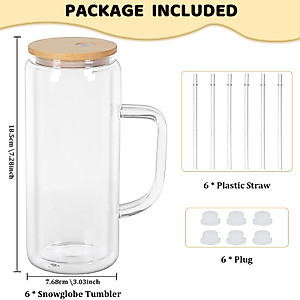 Maucircol 20 Oz Snow Globe Glass Cup With Handle, 6 Pack Pre-Drilled Double Wall Glass Coffee Mug For Snow Globe Diy Glitter, Double Wall Snow Globe Tumbler with Bamboo Lid