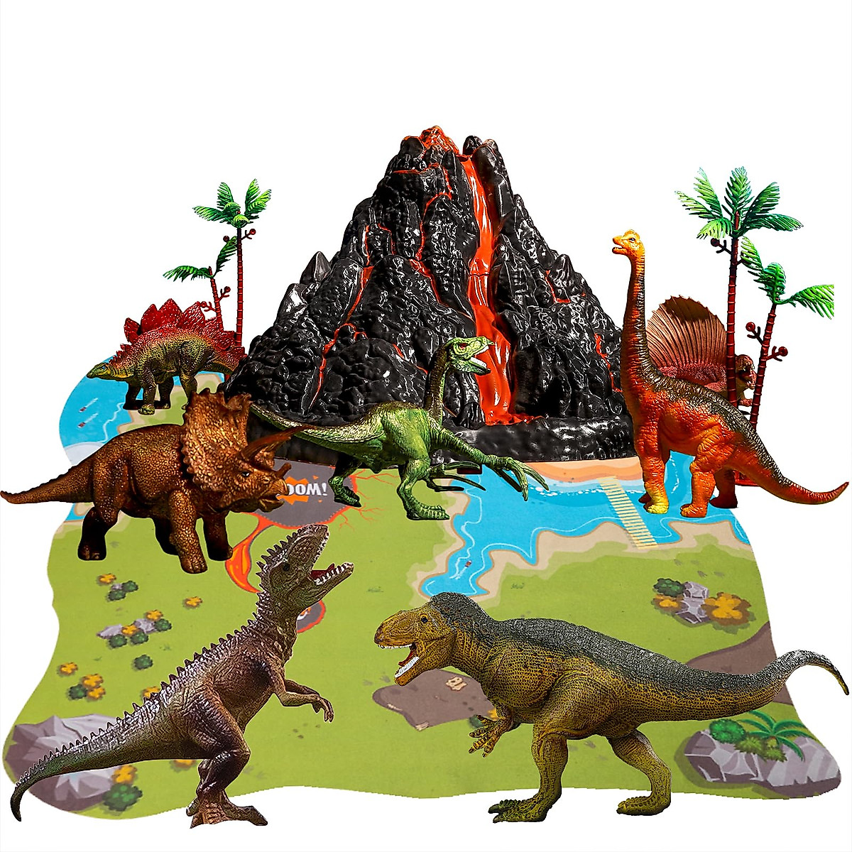 TEMI Dinosaur Toys with Simulation Volcano for Kids 3-5 Years, Toddlers Dinosaur Figures and Large Play Mat for Boys and Girls, Gifts for Preschool Toddlers (Size 63x63 in)