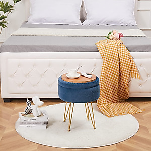 Cplxroc Footrest Footstools Round Faux Fur Ottoman with Storage Space Soft Vanity Chair Seat Coffee Table Ottoman Small Side Table Metal Legs with Adjustable Footings