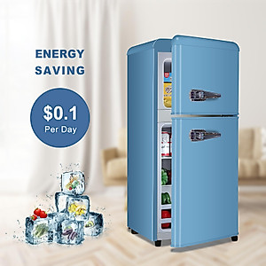 Fridge with Freezer Mini Retro Blue 3.5 Cu.ft Compact Refrigerator Small for Bedroom, Office, Dorm, RV, Apartment with Adjustable Mechanical Thermostat 2-Door Design