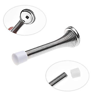 Kare & Kind 4X Spring Door Stoppers (Silver) - Screw-in Flexible Steel Stoppers with White Rubber Bumper Tips - Protect Walls from Bumps, Marks and Damages - Kid and Pet Safe - for Homes, Offices