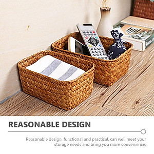 Home Decor Wicker Storage Basket Natural Woven Rattan Seagrass Storage Box Rectangular Household Organizer Boxes Shelf Wardrobe Organizer for Clothes Sundries Stationery To-y