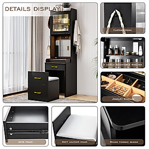 JDPAG 3-in-1 Vanity Desk with Mirror and Lights, Makeup Vanity Table with Cushioned Stool, Compact Dressing Table Writing Desk for Small Spaces, Vanity Set for Bedroom