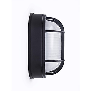 CORAMDEO Outdoor 8.5” Oval LED Nautical Bulkhead Light, Flush Mount for Wall or Ceiling, Wet Location, 75W of Light, 800 Lumens, 3K, Black Cast Aluminum with Frosted Glass Lens