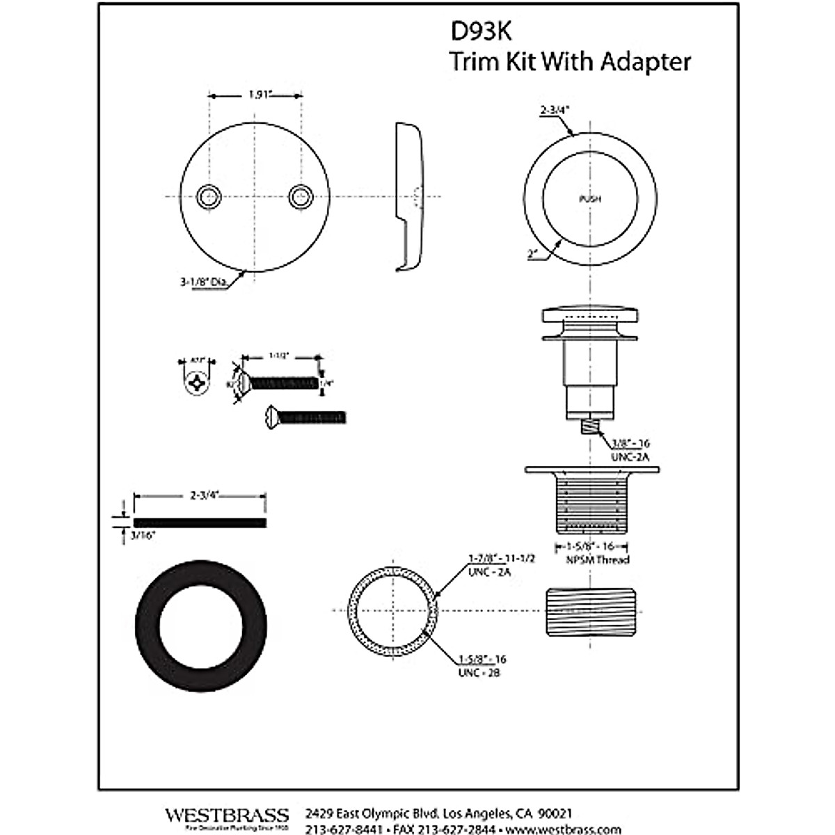 Westbrass D93K-50-01 Universal Fine or Coarse Thread Replacement Bathtub Tip-Toe Drain Plug with 2-Hole Faceplate, Polished Brass (50-Pack)