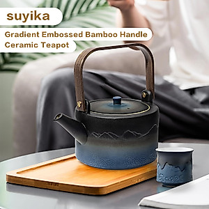 suyika Ceramic Teapot with Bamboo handle Removable Infuser for Flower and Loose Tea, 750ml/25.3oz Black Cyan