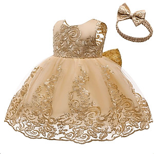 Baby Princess Girls Embroidery Dresses Toddler Lace Ruffles New Year Easter Tutu Dress with Headwear 12M 18M (Golden,80)