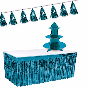 Teal Turquoise Party Decorations Kit with Metallic Turquoise Fringe Table Skirting, 3-Tier Cupcake Stand, and Tassel Garland, Perfect for Birthday and Anniversary Parties, Baby Showers