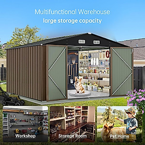 Agrestem 10 x 8 FT Outdoor Storage Shed, Metal Sheds & Outdoor Storage House with Updated Frame Structure & Double Lockable Door, Waterproof Garden Shed for Backyard Garden Patio Lawn, Brown
