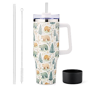 40 oz Tumbler with Handle and Straw, Bear Insulated Travel Mug Iced Coffee Cup, Reusable Stainless Steel Insulated Water Bottle, Keeps Drinks Cold for 34 Hours, Dishwasher Safe, BPA Free