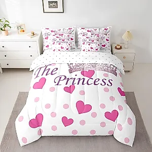 7 Pieces The Crown Comforter Set Twin, Fashion Princess Crown Bedding for Kids Girls, Rose Pink Hearts Dots Print Bed Set(1 Comforter,1 Fitted Sheet,1 Flat Sheet,2 Pillowcases,2 Throw Pillow Cover)