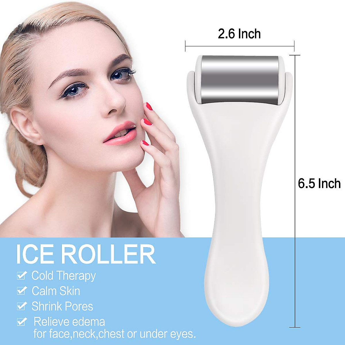 Ice Roller for Face & Eye,Puffiness,Migraine,Pain Relief and Minor Injury,Skin Care Products Stainless Steel Face Massager Ice Roller Massager (White)