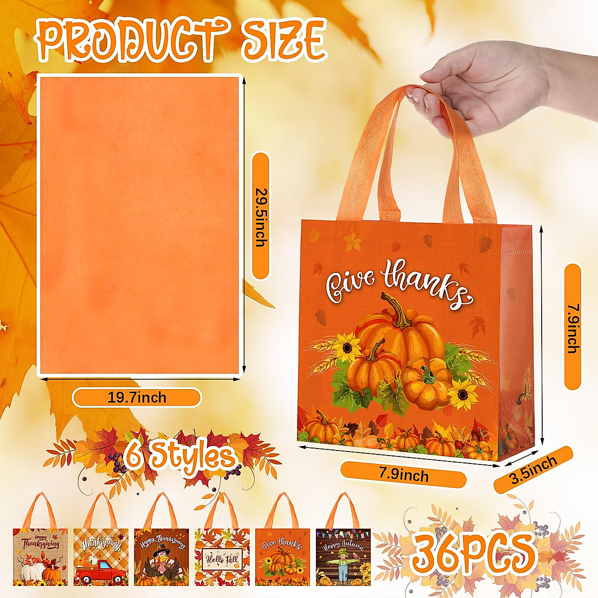 Sweetude 36 Pack Thanksgiving Non Woven Tote Bags Bulk Reusable Fall Gift Bags Pumpkin Turkey Bags with Handles Autumn Goodie Shopping Bags with Tissue Paper for Fall Thanksgiving Party Favors