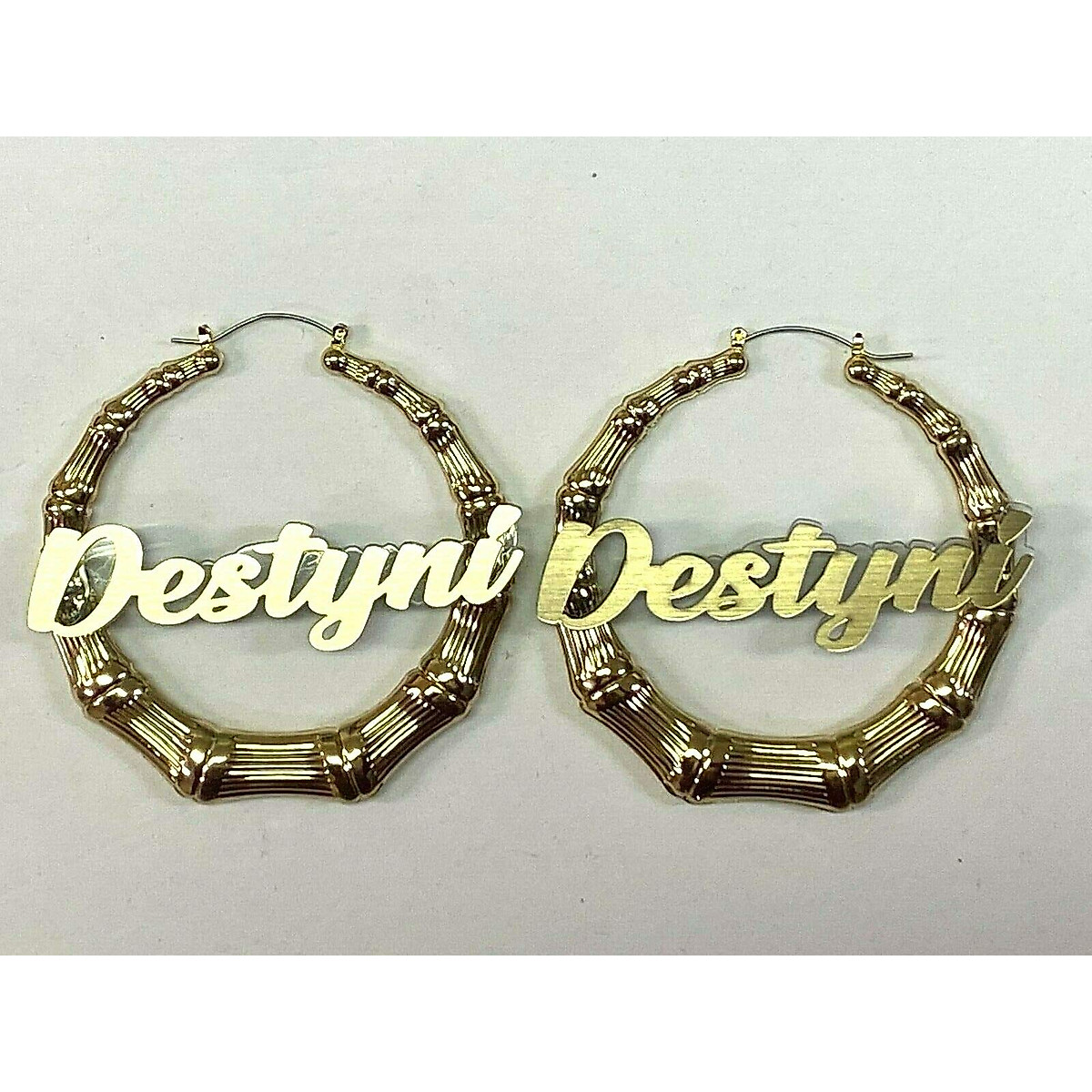 Stylish Bamboo Earrings Personalized Custom Gold 1.5, 2.5, 3.5" Size and Background Color Choice Hoop Name Plate Laser Cut Made To Order - Any Name Script Cursive Letters Stunning, Quality, Attractive (3.5" Bamboo Earrings)