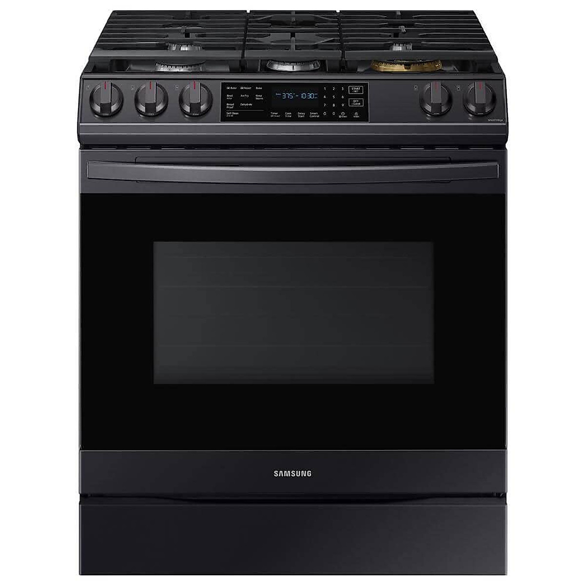 SAMSUNG 6.0 Cu Ft Smart Front Control Slide-In Gas Range Kitchen Stove w/ Air Fry, Convention+, Wi-Fi, Large Oven Capacity, NE60T8511SG/AA, Fingerprint Resistant Stainless Steel, Black
