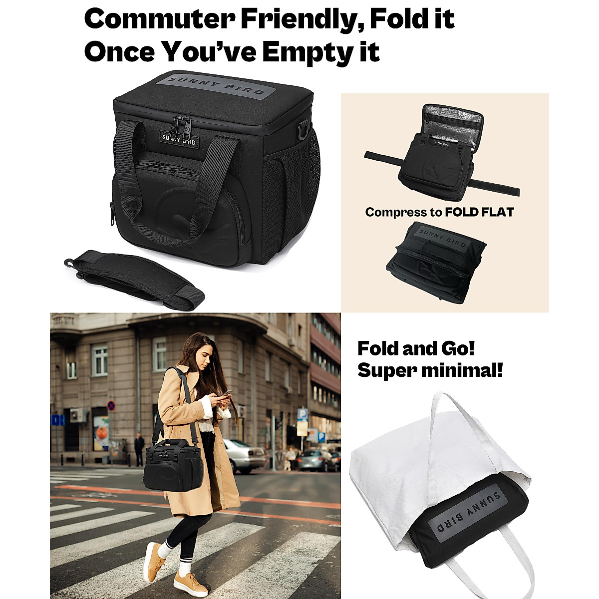 SUNNY BIRD 12L Large Insulated Lunch Bag, Leakproof and Foldable Lunch Cooler Box for Women Adult and Men, Fits 18 Cans (Black 01)