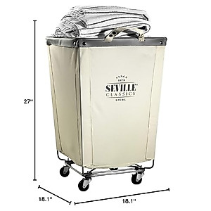 Seville Classics Large Commercial Heavy Duty Rolling Steel Frame Laundry Hamper Canvas Cart Bin, w/ Wheels for Hotel, Home, Closet, Bedroom (PATENTED), Cream, 18.1" D x 18.1" W