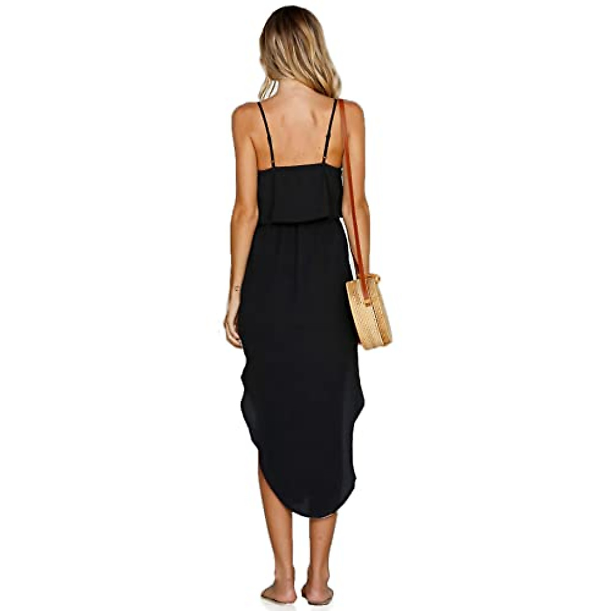 NERLEROLIAN Women's Adjustable Strappy Split Summer Beach Casual Midi Dress Black