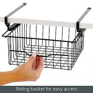 mDesign Compact Hanging Pullout Drawer Basket - Sliding Under Shelf Storage Organizer - Metal Wire - Attaches to Shelving - Easy Install - for Kitchen, Pantry, Cabinet - Black