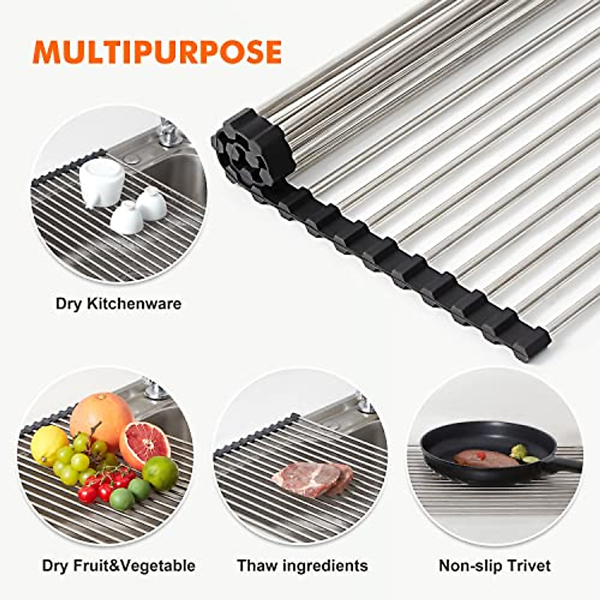 Worthyeah Dish Drying Rack - Over The Sink Dish Drying Rack - Roll-Up Dish Drying Rack for Kitchen Sink - Stainless Steel Sink Drying Rack - Kitchen Sink Accessories