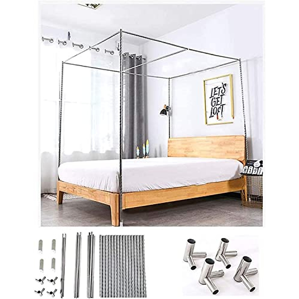 Stainless Steel Canopy Bed Frame,Mosquito Net Door Quattro Canopy Frame, Canopy Frame, Single/Double/King-Size Bed Frame (Color : Silver, Size : 1.8x2m Bed)