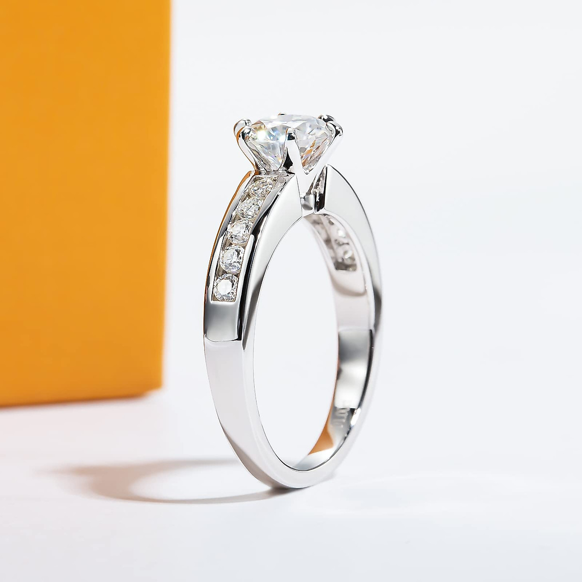 Moissanite Engagement Rings 1ct D Color VVS1 Clarity Round Brilliant Cut Channel Set Lab Created Diamond S925 Sterling Silver 6 Prong Solitaire Promise Wedding Rings Christmas Gift for Women with Certificate(6)