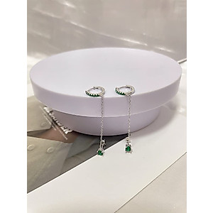 Dainty Round CZ Stud Small Hoop Cuff Cartilage Double Piercing Earrings for Women Teen Girls 925 Sterling Silver Threader Chain Drop Dangle Delicate Two Holes Cubic Zirconia Crystal Huggie Hoops