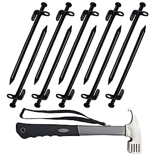 Clarmonde 12-Inch Tent Stakes & Tent Hammer, Heavy Duty Camping Stakes, Forged Steel Tent Pegs Unbreakable and Inflexible, Available in Rocky Place Dessert Snowfield and Grassland (Black)