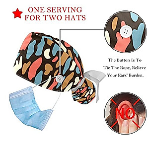 Autumn Leaves Acorns Bouffant Hat with Ribbon Ties & Buttons, 2 Packs Scrub Caps Women Long Hair, One Size Working Head Cover