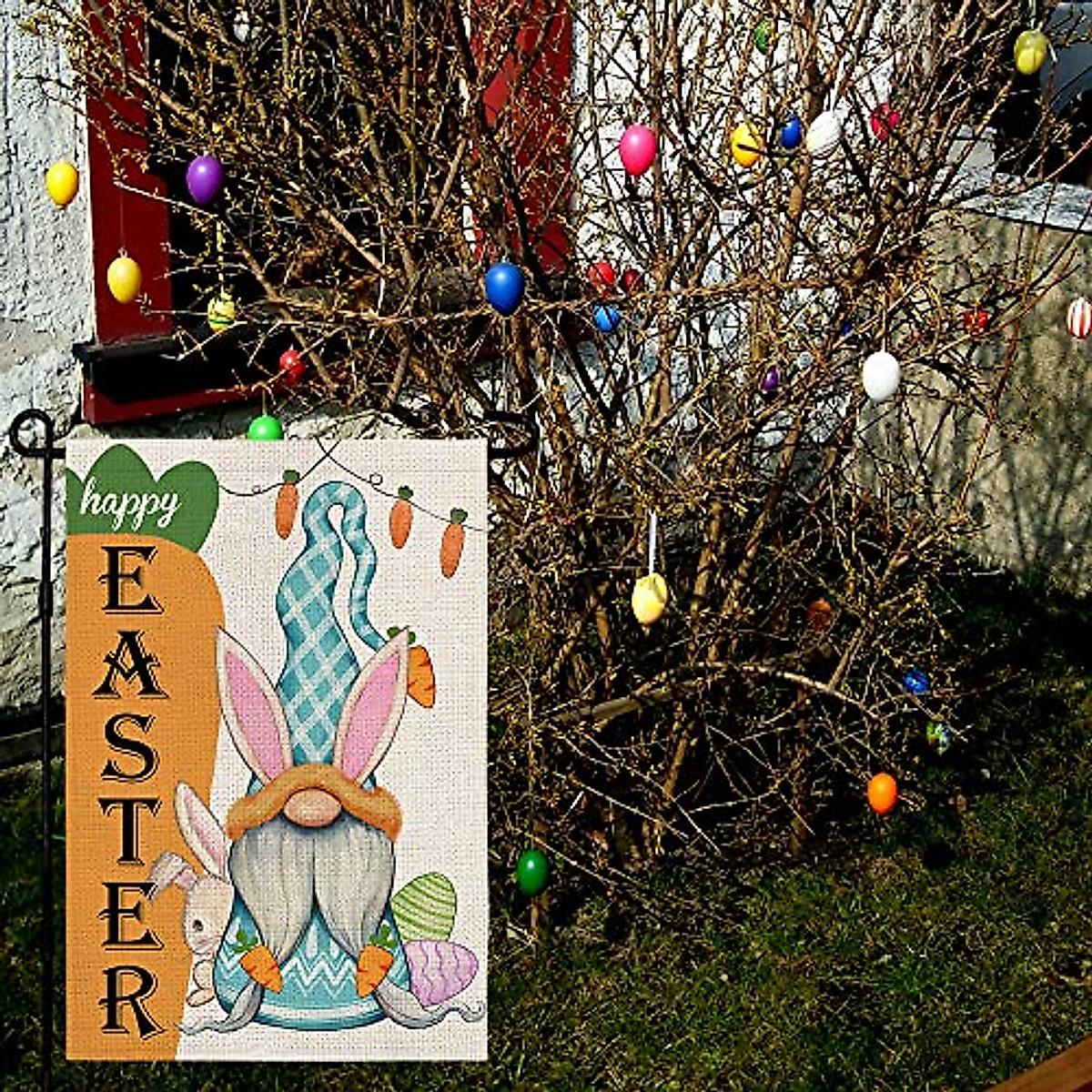 CROWNED BEAUTY Happy Easter Garden Flag Blue Gnome 12×18 Inch Double Sided Carrots Eggs Outside Vertical Holiday Yard Decor