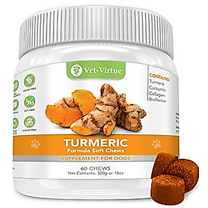 VET-VIRTUE Turmeric for Dogs - Organic Turmeric with Curcumin, Hip and Joint Supplement Dogs Soft Chew, with Collagen and Bioprene, High Absorption Eliminates Joint Pain Inflammation - 60 Count