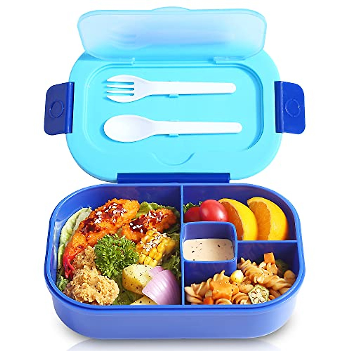 Mr.Dakai Bento Lunch Box for Kids Go to School, Adults Work, BPA-Free 4 Compartment Lunch Box Containers with Utensil Set, Leak-Proof Salad Snack Boxes, Microwave and Food-Safe Materials, Blue