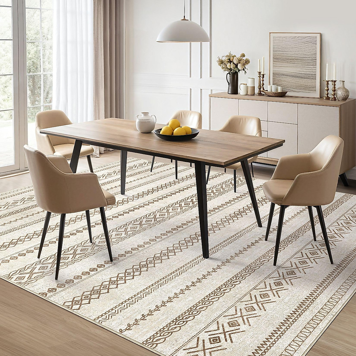 TARANCH Area Rug 5x7 Washable Rug, Large Boho Moroccan Geometric Neutral Soft Rug for Living Room Bedroom Dining Room, Non Slip Indoor Carpet for Home Office Decor - Brown