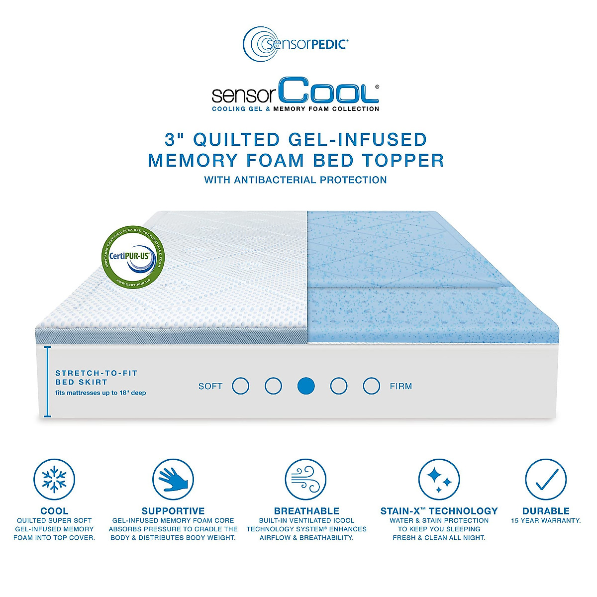 SensorPEDIC SensorCOOL 3-Inch Quilted Gel-Infused Memory Foam Bed Topper, King, White