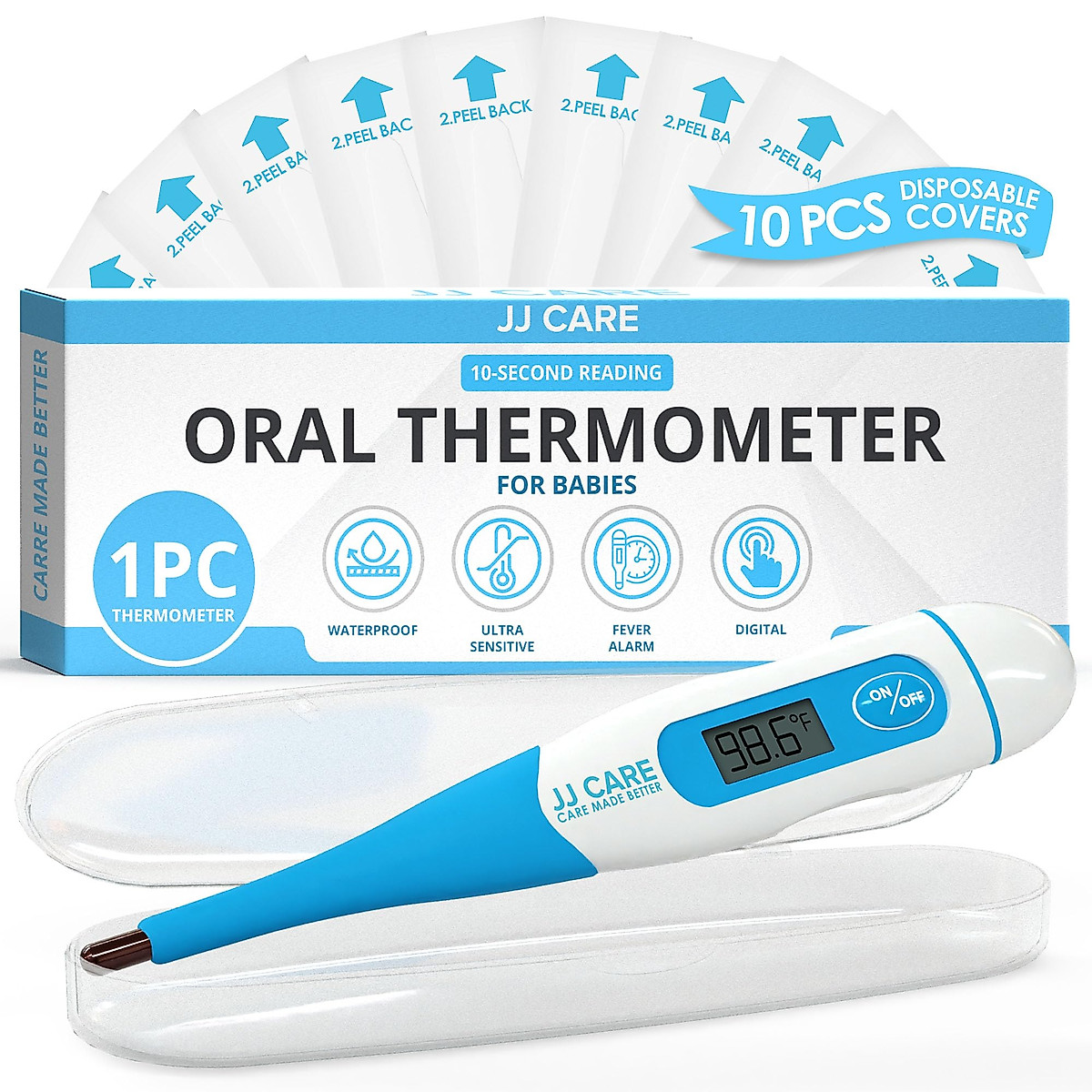 JJ CARE Oral Thermometer with LCD Display, Calibrated Oral Thermometer for Babies and Adults, 10 Seconds Fast Reading Oral Digital Thermometer for Fever with 10 Disposable Covers