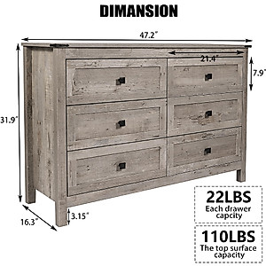 CATMIX Farmhouse 6 Drawers Dresser, Wood Double Dresser Chest of Drawers Wide Storage Organizer Cabinet for Bedroom, Living Room, Rustic Grey