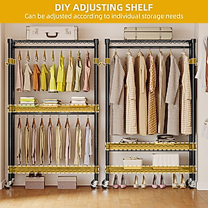 DWVO Rolling Clothes Rack with Wheels, Heavy Duty Garment Rack with 3 Tiers Adjustable Wire Shelving, Portable Clothing Rack for Cloakroom Bedroom Laundry Storage Organizer, Black