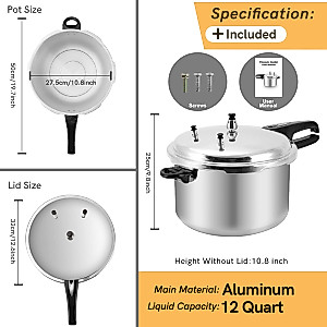 Fulgutonit 12 Quart Pressure Cooker,Aluminum Pressure Canner w/Canning Rack & Easy Lock Lid for Canning, Steaming