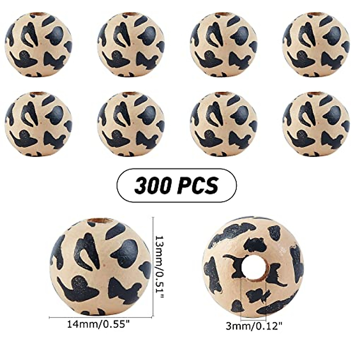 CHGCRAFT 300pcs Printed Wood Beads Dyed Charm Round Shaped Beads with Black Leopard Print Pattern Small Hole Spacer Beads Loose Wood Beads for Bracelet Necklace Earrings Keychain 12x14x13mm