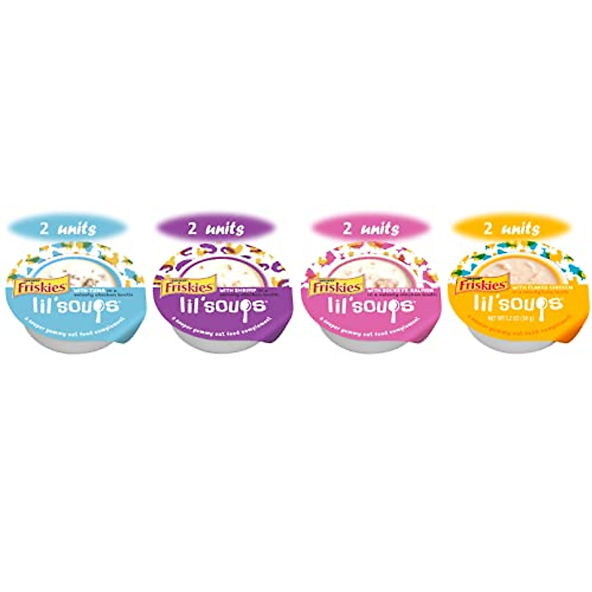 ILC Buy Lil Soups for Cats Bundle, 4 Flavor Variety, (2) Each: Shrimp, Sockeye Salmon, Tuna, Flaked Chicken (1.2 Ounces) Plus a Noisy Cat Toy Ball and Magnet