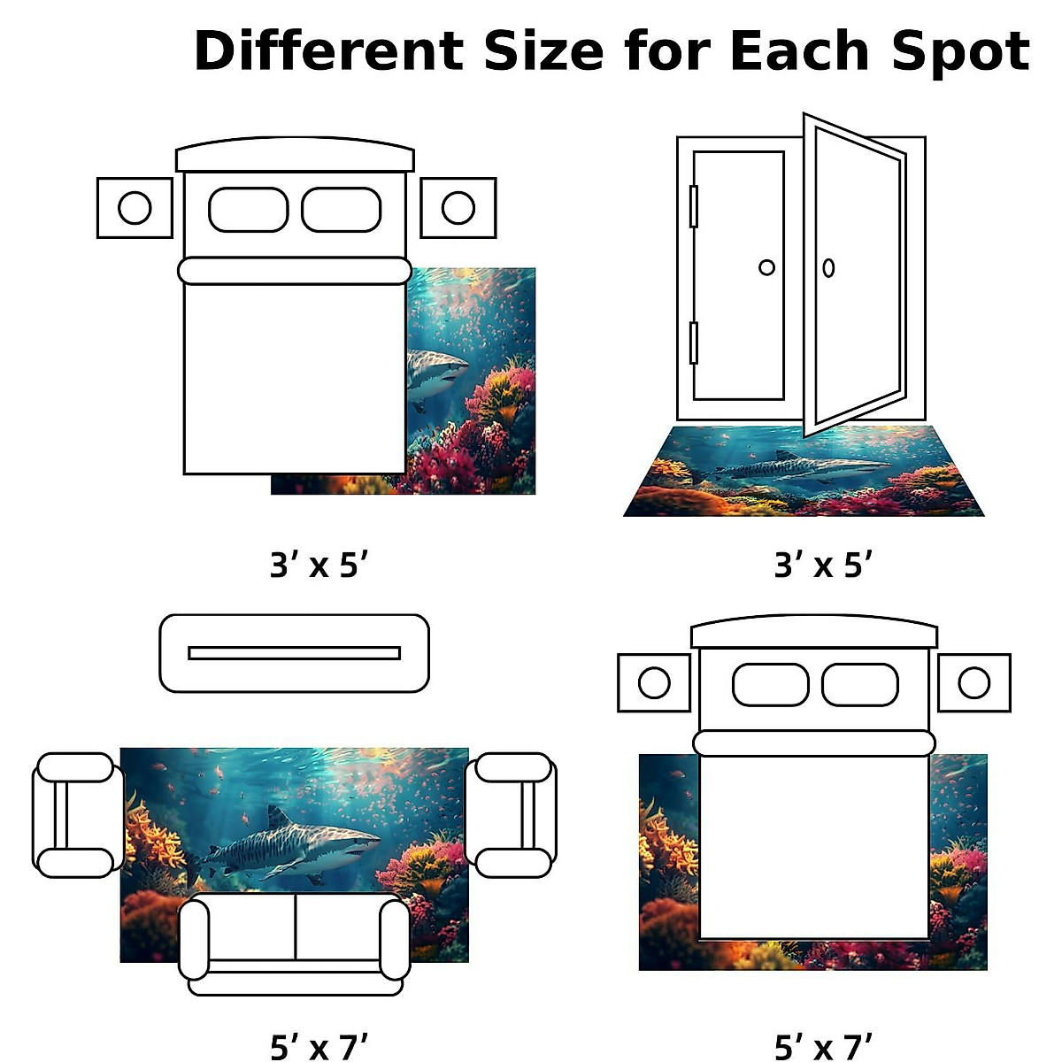 A solitary tiger shark patrolling its territory surrounded by an ether 3x5 Rug Throw Rugs Entryway Indoor Front Door Mat Non Slip Bedside Area Rug For Bedroom Aesthetic Kitchen Carpet Machine Washable
