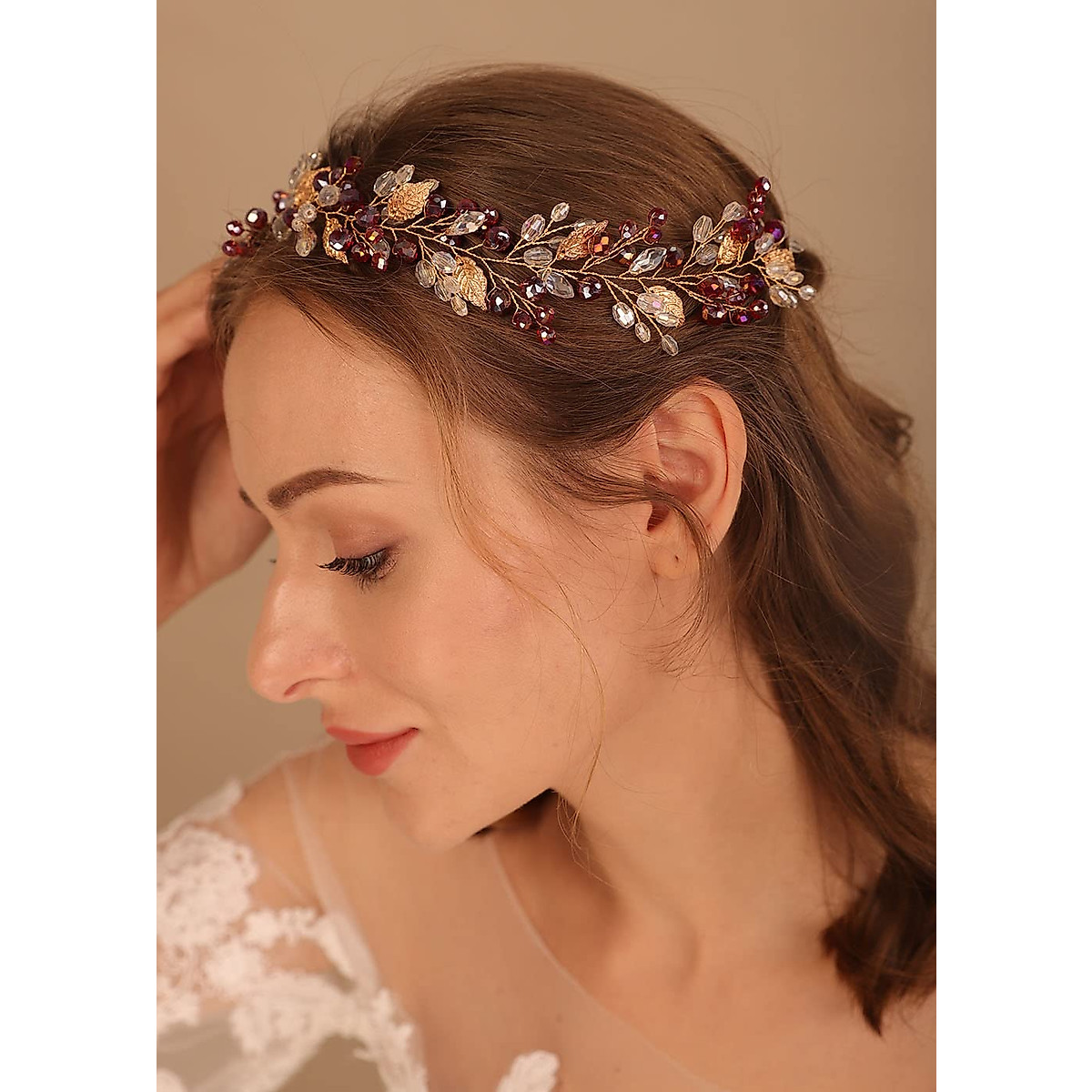 Denifery Red Hair Vine Crystal Wedding Headband - Fall Boho Bridal Hair Piece with Gold Leaf for Women and Girls