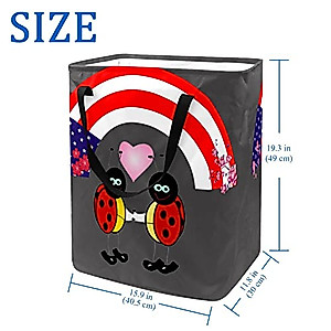 Ladybug and USA Flag Rainbow Print Collapsible Laundry Hamper, 60L Waterproof Laundry Baskets Washing Bin Clothes Toys Storage for Dorm Bathroom Bedroom