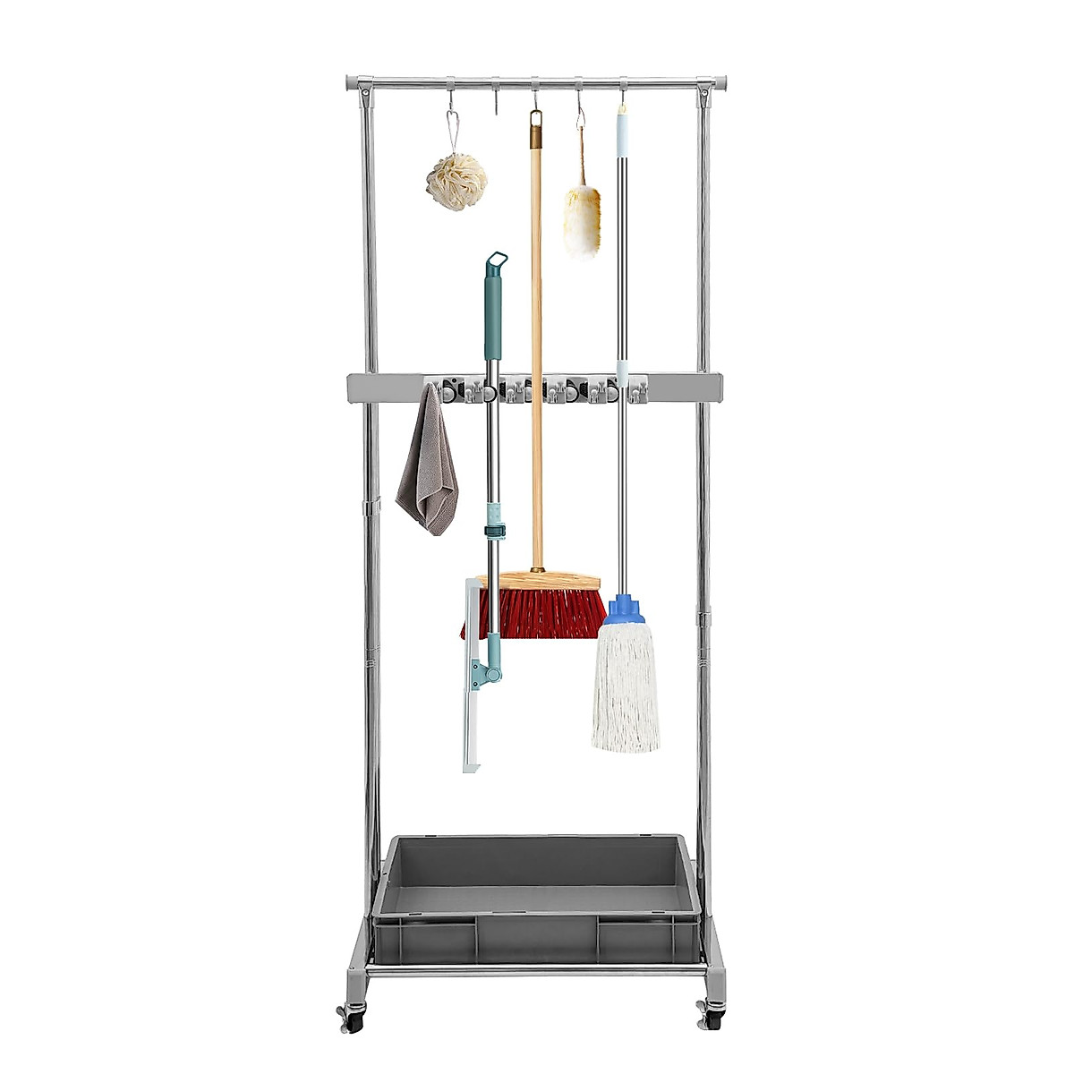 CheriMuMu Broom mop Holder, Mobile Cleaning Tools Storage Cart, Cleaning Supplies Organizer Janitor Carts, Stainless Steel Floor-Standing Mop Rack with Wheels for Garden Garage Schools (5 Slots)