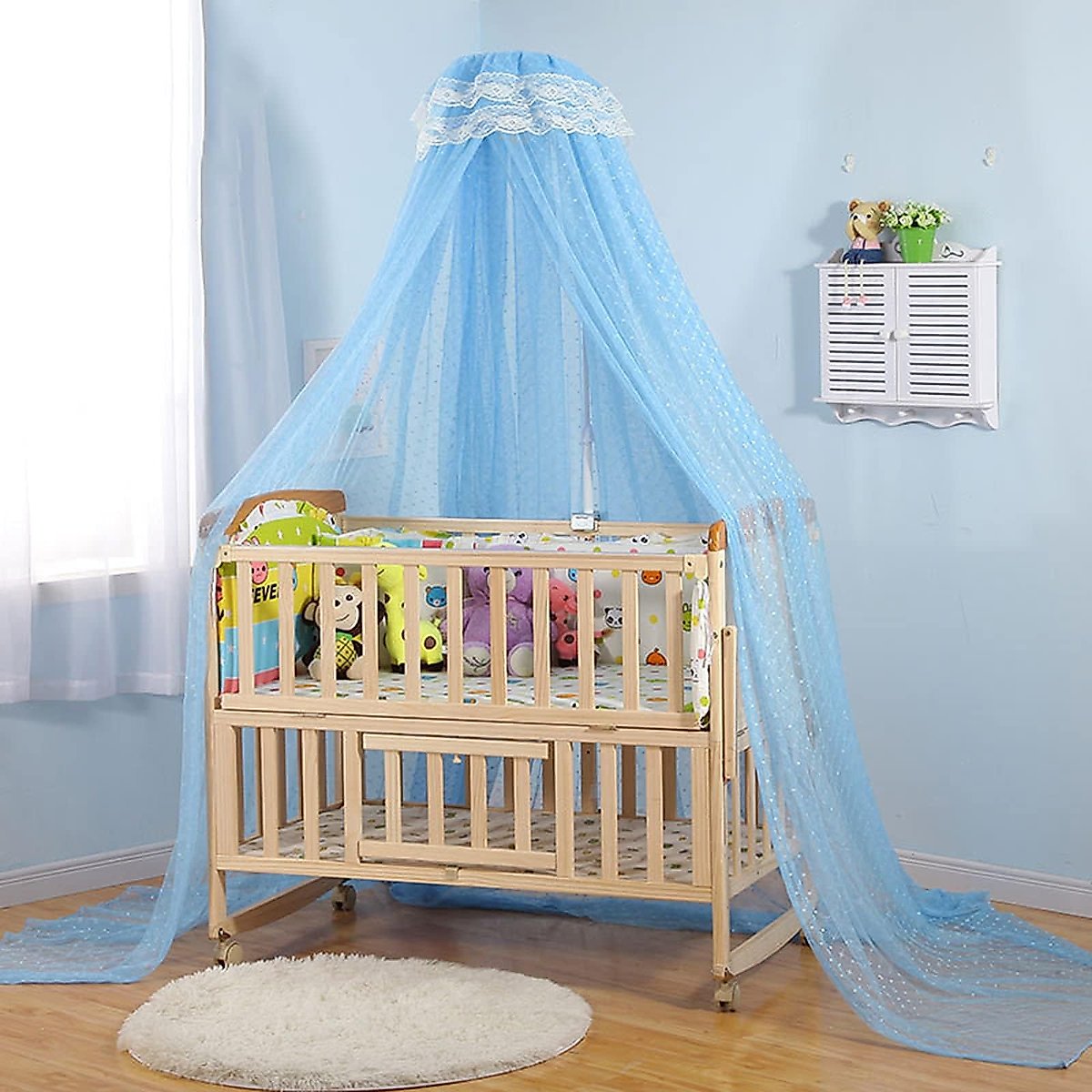 Cdycam Baby Infant Toddler Bed Dome Cots Mosquito Netting Hanging Bed Net Mosquito Bar Frame Palace-Style Crib Bedding Set (Blue Mosquito Netting Only, Without Stand)