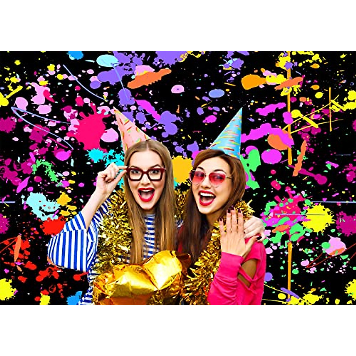 OUYIDA 8X6FT Neon Glow Birthday Party Photography Backdrop Colorful Graffiti Splatter in The Dark Happy Birthday Background Retro Let's Dance Sleppover Party Decor Photo Booth Props CEM123C